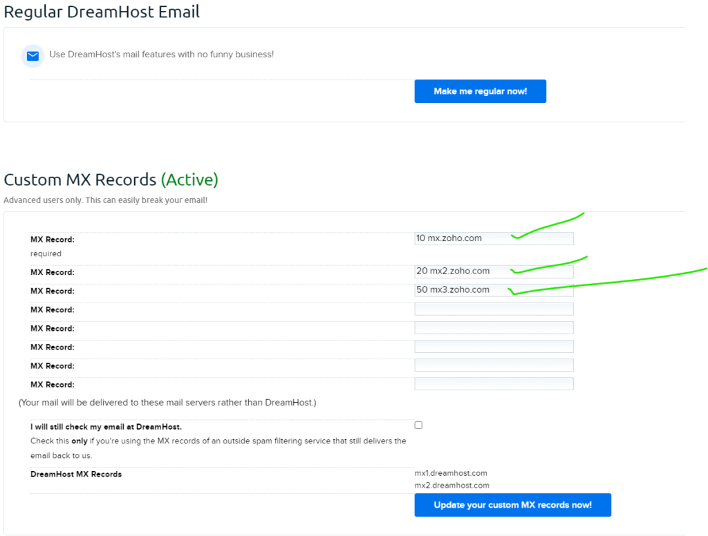 Zoho MX Record Configuration in DreamHost